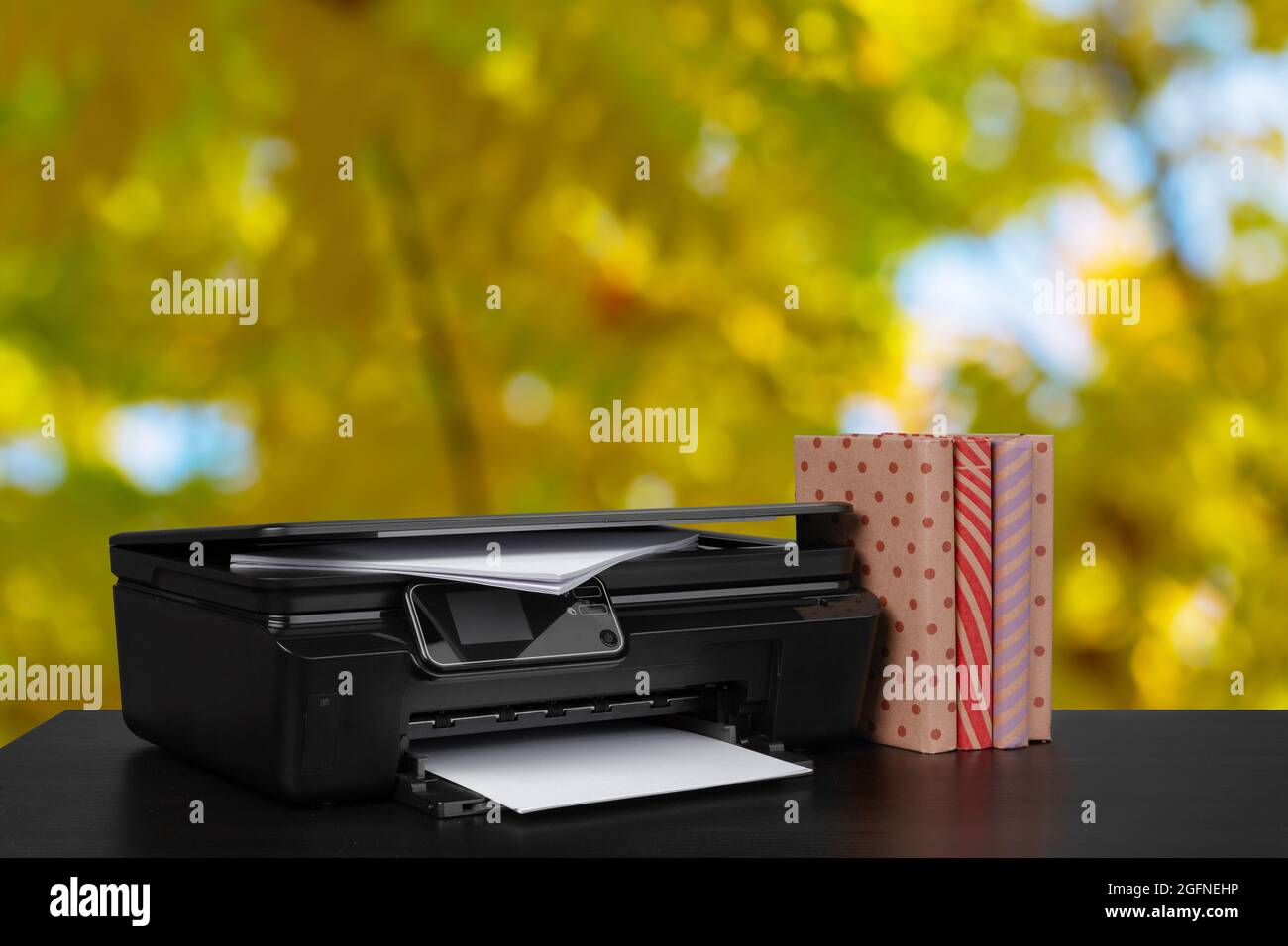 Compact home printer on desk with books against blurred background ...
