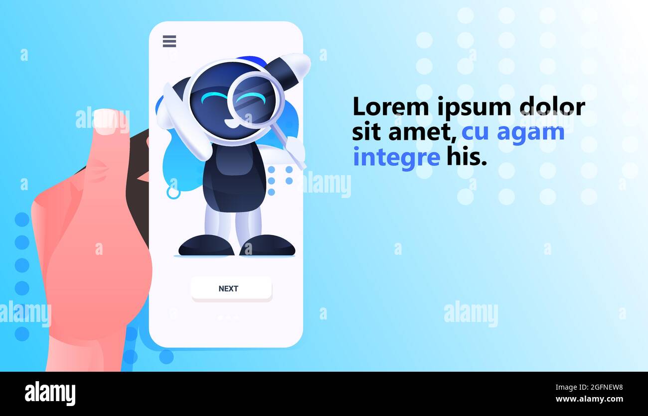 cute robot holding magnifying glass on smartphone screen data search ...