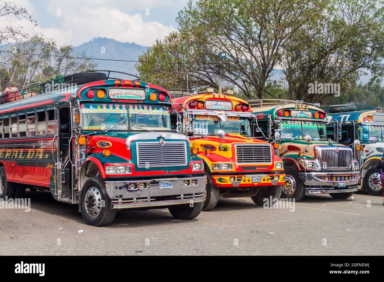 ANTIGUA, GUATEMALA - MARCH 28, 2016: Colourful chicken buses, former US ...