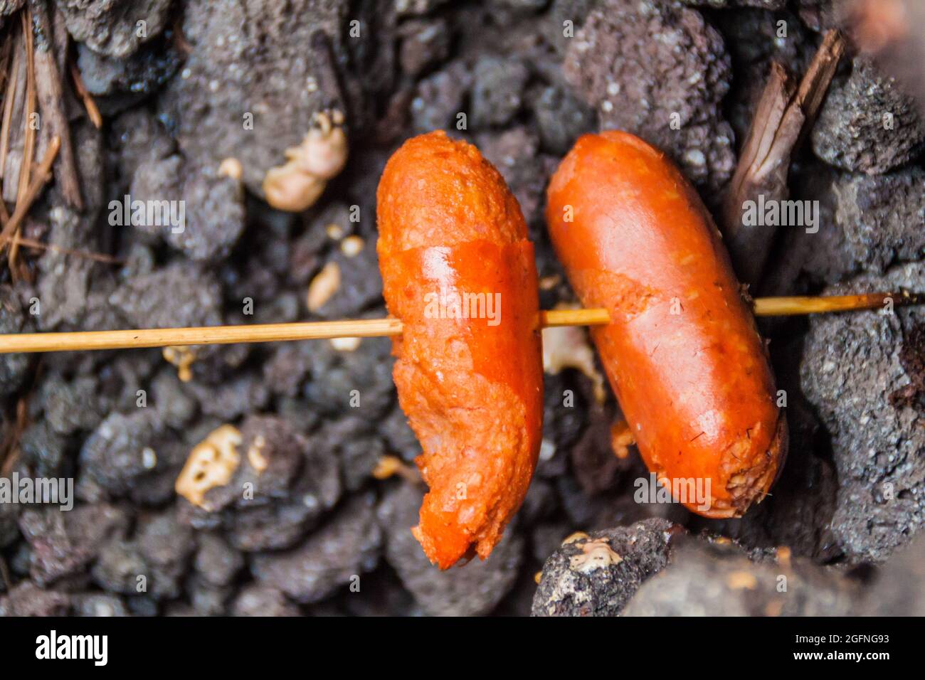 Roasting sausages at the lava field of Pacaya volcano, Guatemala Stock ...