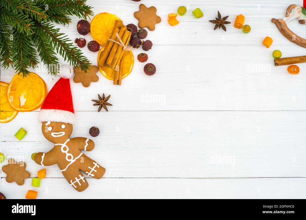 Border from Christmas decorations and pastry Stock Photo - Alamy