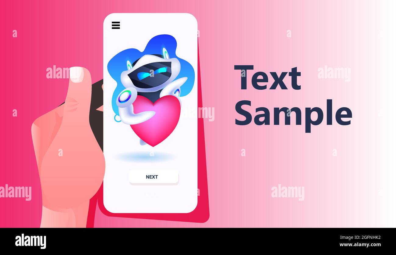 cute robot holding heart modern robotic character on smartphone screen ...