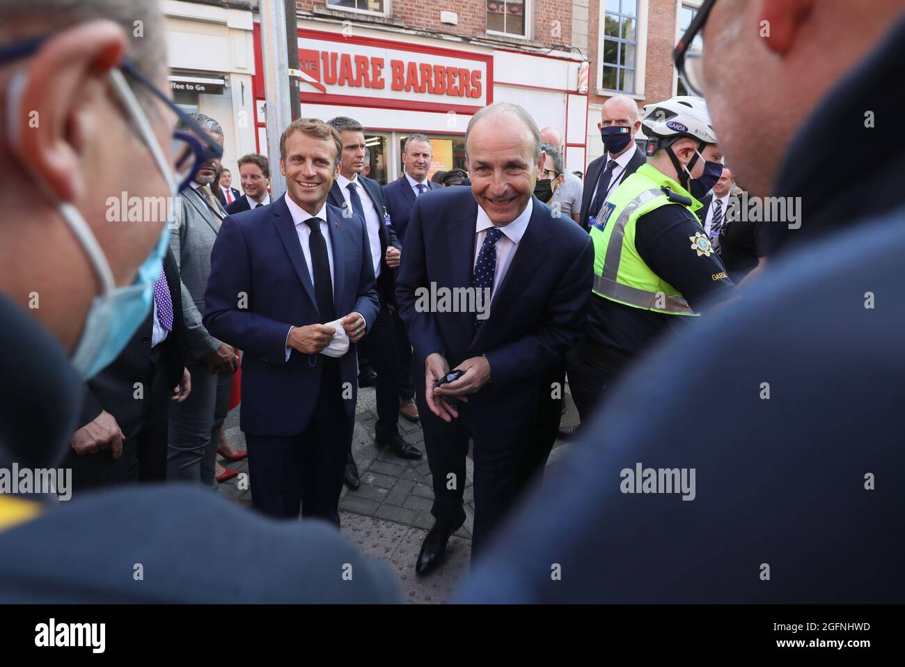 French President Emmanuel Macron with Taoiseach Micheal Martin while on ...