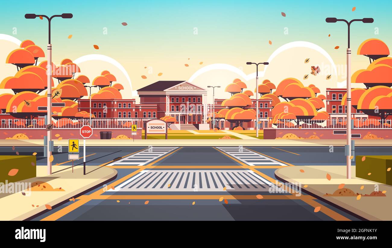 school building empty front yard with road crosswalks autumn cityscape ...