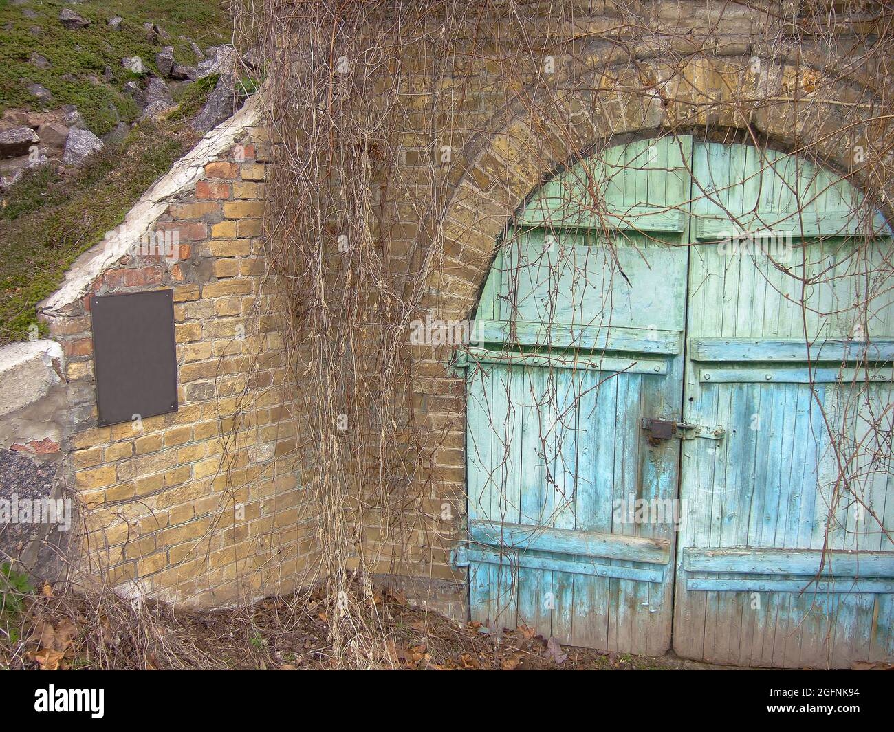 Old turquoise wooden door to a closed vintage cellar in a dungeon with ...