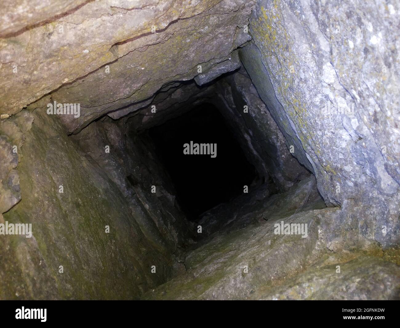 A square hole in the floor with stone walls, at the end of it is ...