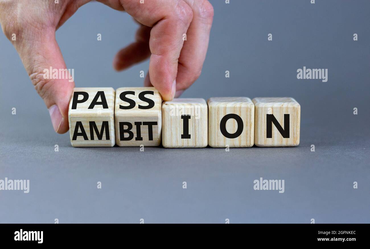 Passion or ambition symbol. Businessman turns wooden cubes and changes ...
