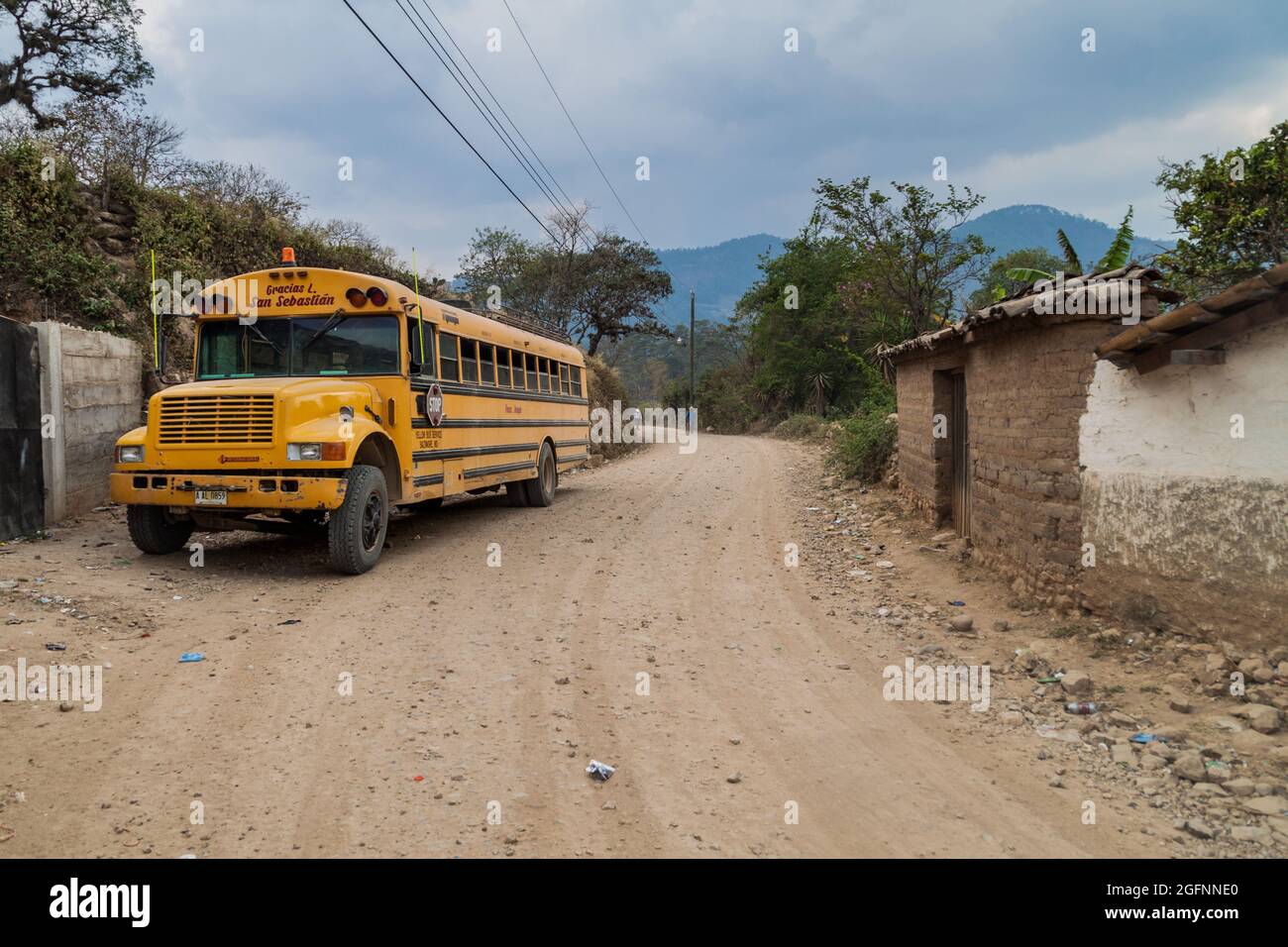 SAN SEBASTIAN, HONDURAS - APRIL 15, 2016: Yellow former school bus at a ...