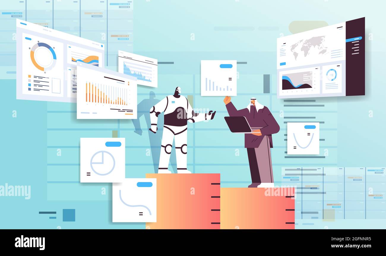Robot With Businessman Analyzing Statistics Graphs Financial Data