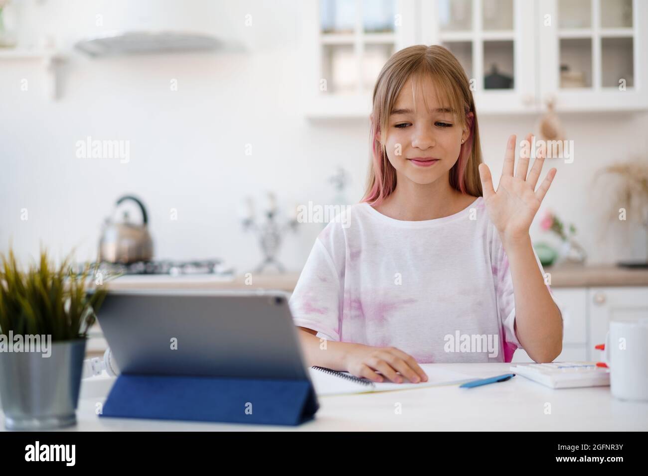 Homeschooled little young girl student having online class using ...