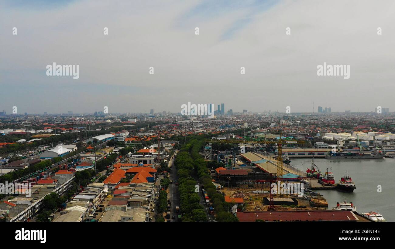 Aerial cityscape densely built asian city, seaport. urban environment ...