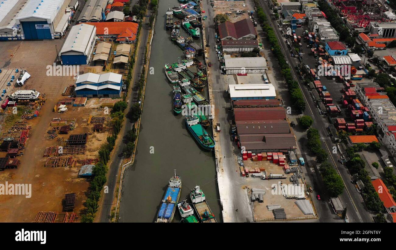 aerial view cargo and passenger seaport with ships and crane Tanjung ...