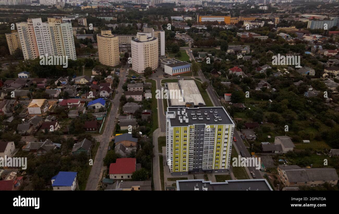 City block. Modern multi-storey buildings in the private sector. Flying ...