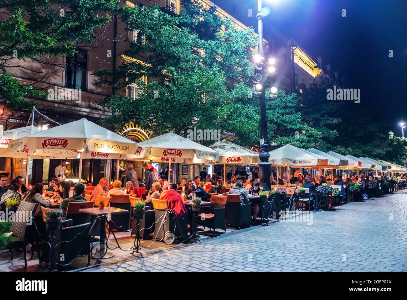 Krakow, Poland - August 29, 2018: Terrace of restaurants and bar at ...