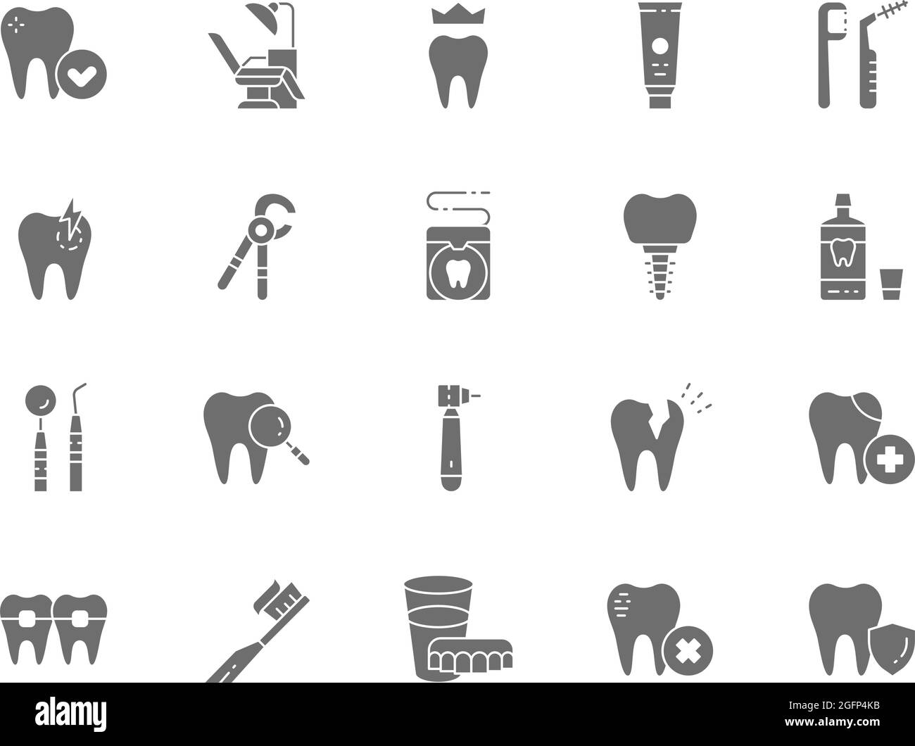 Set of Dentistry Grey Icons. Toothpaste, Implant, Mouthwash, Toothbrush ...