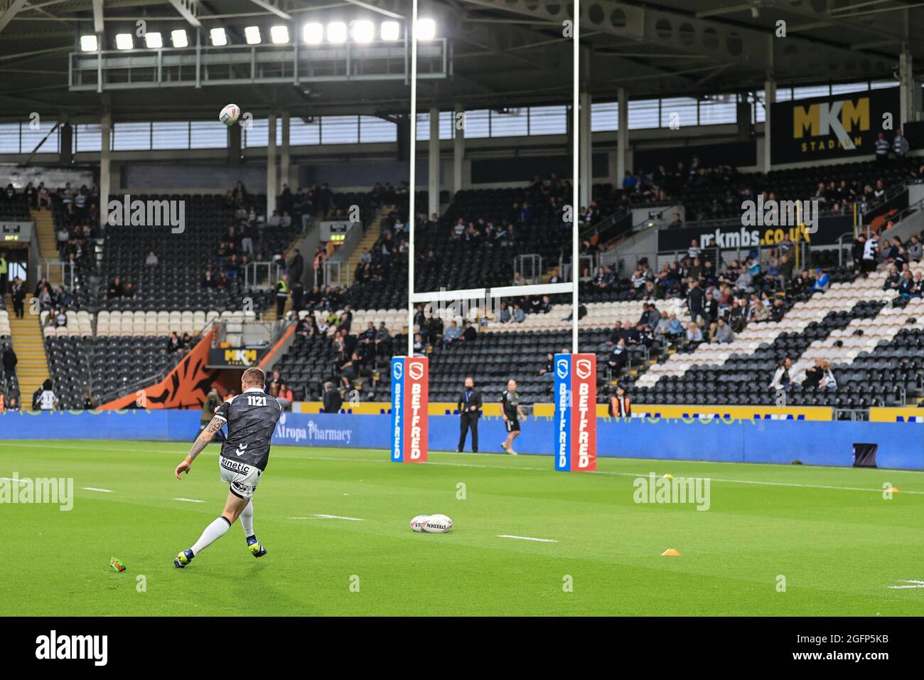 Marc Sneyd (7) of Hull FC practicing his kicking during pre-game warm ...