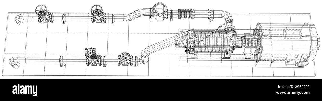 Wire-frame line pumping unit isolated on white. Vector rendering of 3d ...