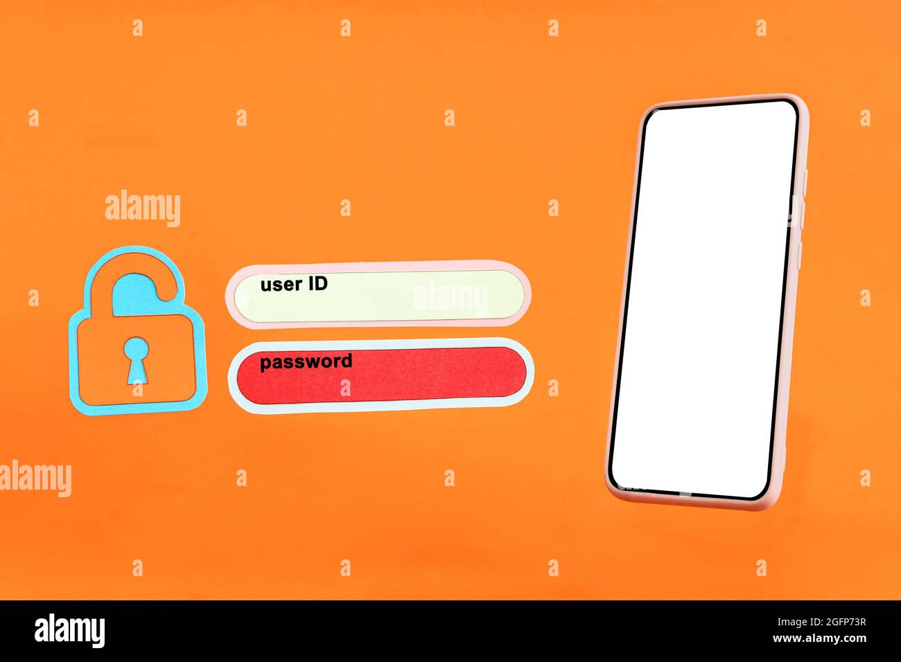 Phone with a white screen and holographic login and password icons ...