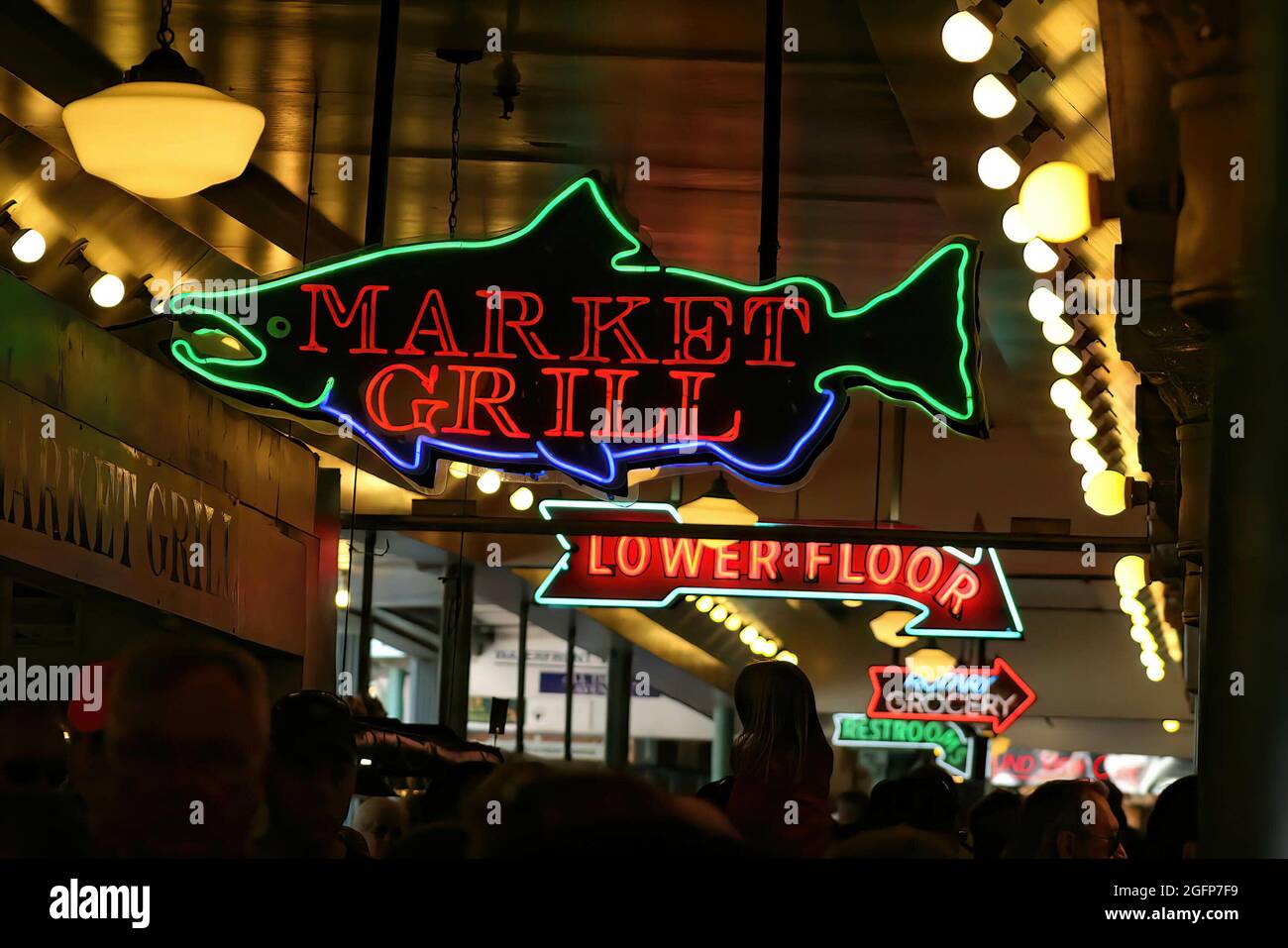 SEATTLE, UNITED STATES - Jun 26, 2021: A neon fish-shaped sign saying ...
