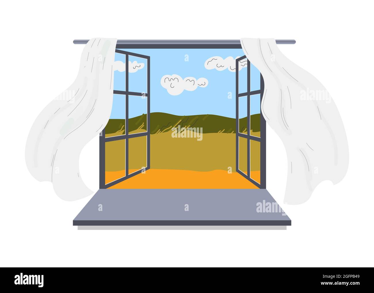 Open window with fluttering curtains hand drawn. Outdoor autumn wind on ...