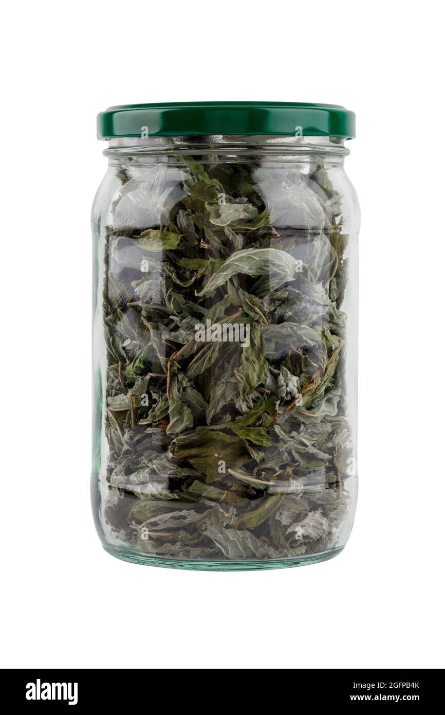 glass jar with green cap full of dryed natural mint leaves isolated on ...