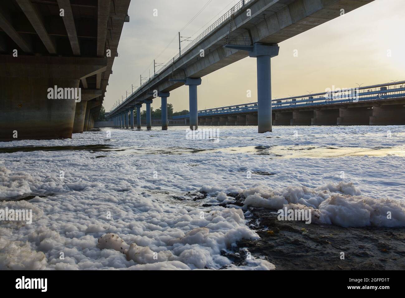 New Delhi, India. 26th Aug, 2021. The heavily polluted waters of Yamuna ...