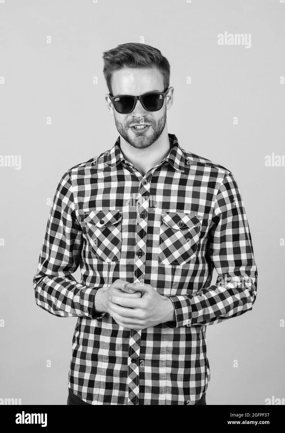 Man red checkered shirt Black and White Stock Photos & Images - Alamy