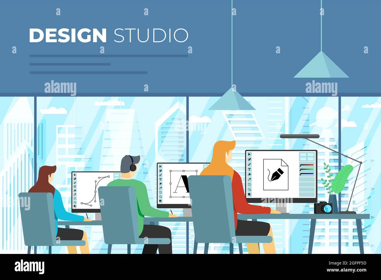 Creative design studio banner. Professional designers work on computers ...