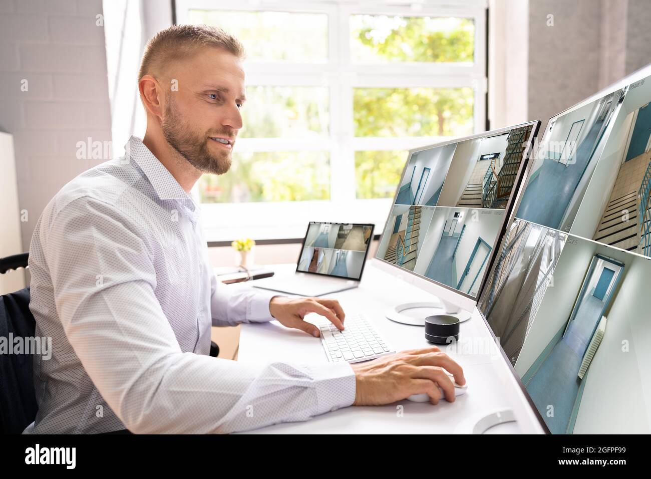 Security Camera CCTV Surveillance. Disabled Workers In Wheelchair Stock ...