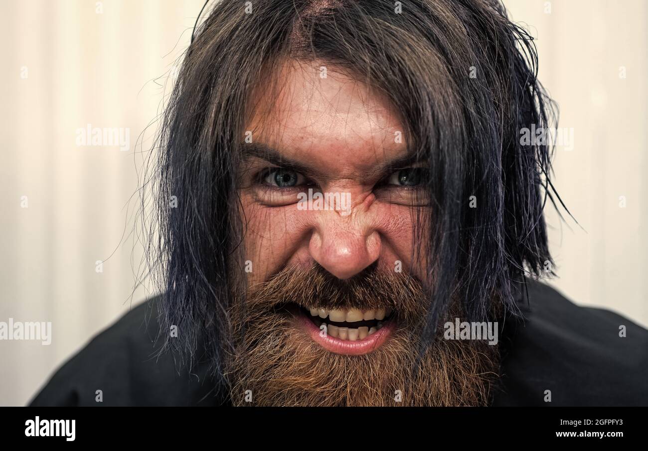angry man with wet hair. barbershop. male trendy hairdo. perfect ...