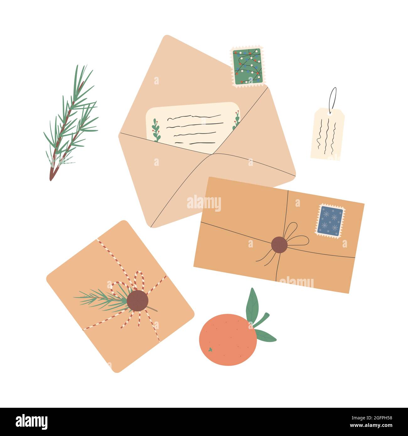 Set of different Christmas envelopes with mail, postage stamps and ...