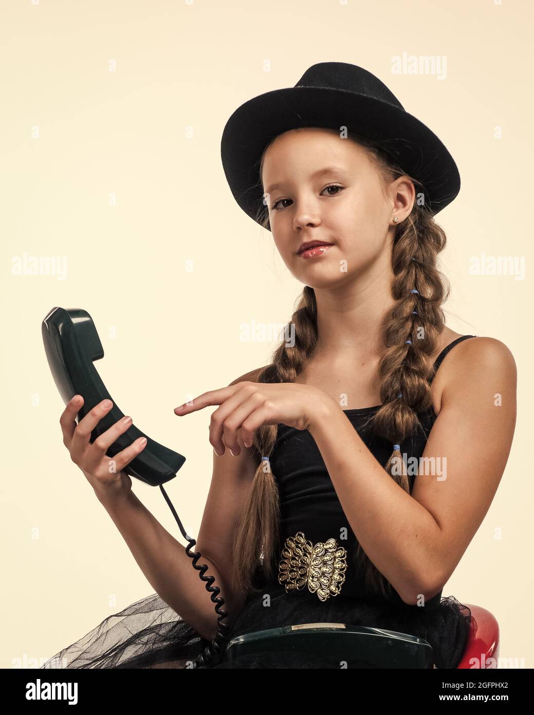 communication. child having phone conversation. happy childhood. beauty ...