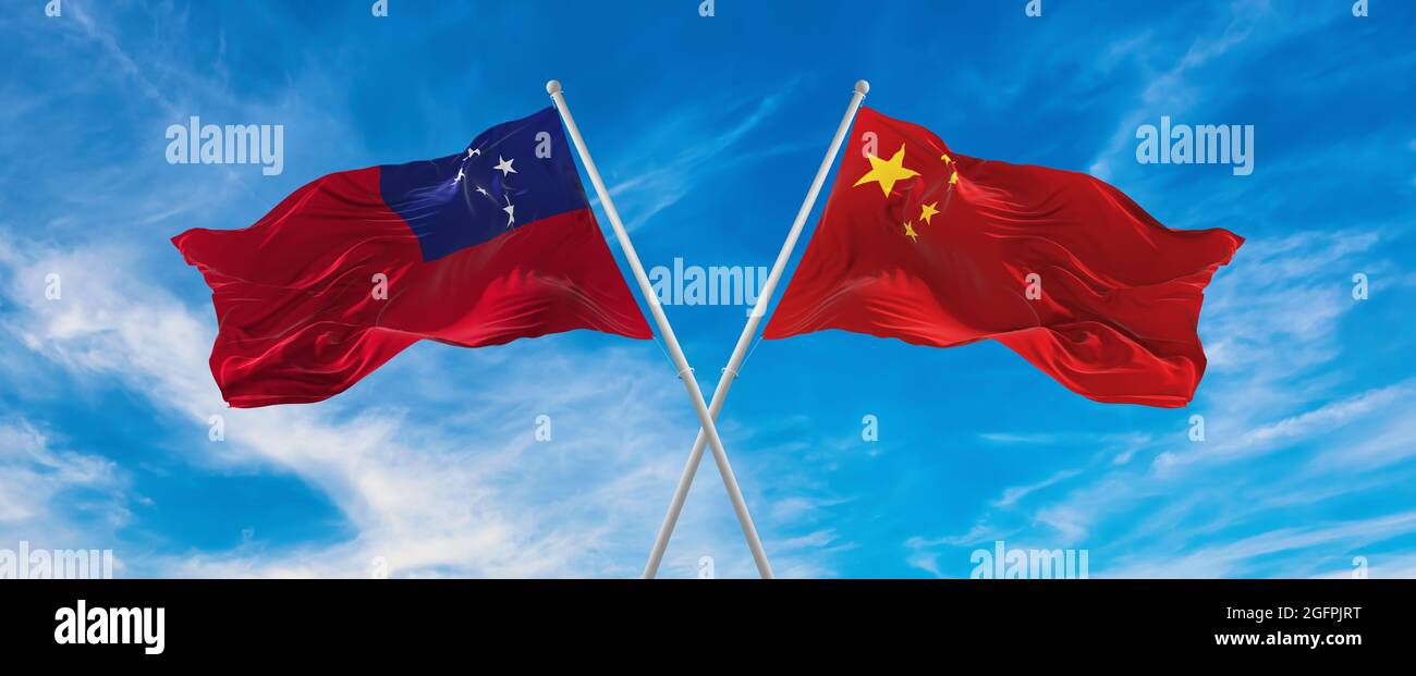 flags of China and Samoa waving in the wind on flagpoles against sky ...