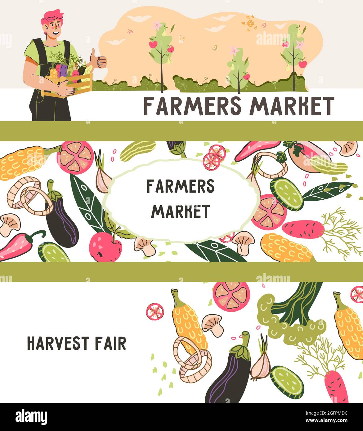 Farmers market and harvest fair banners or flyers set with vegetables ...