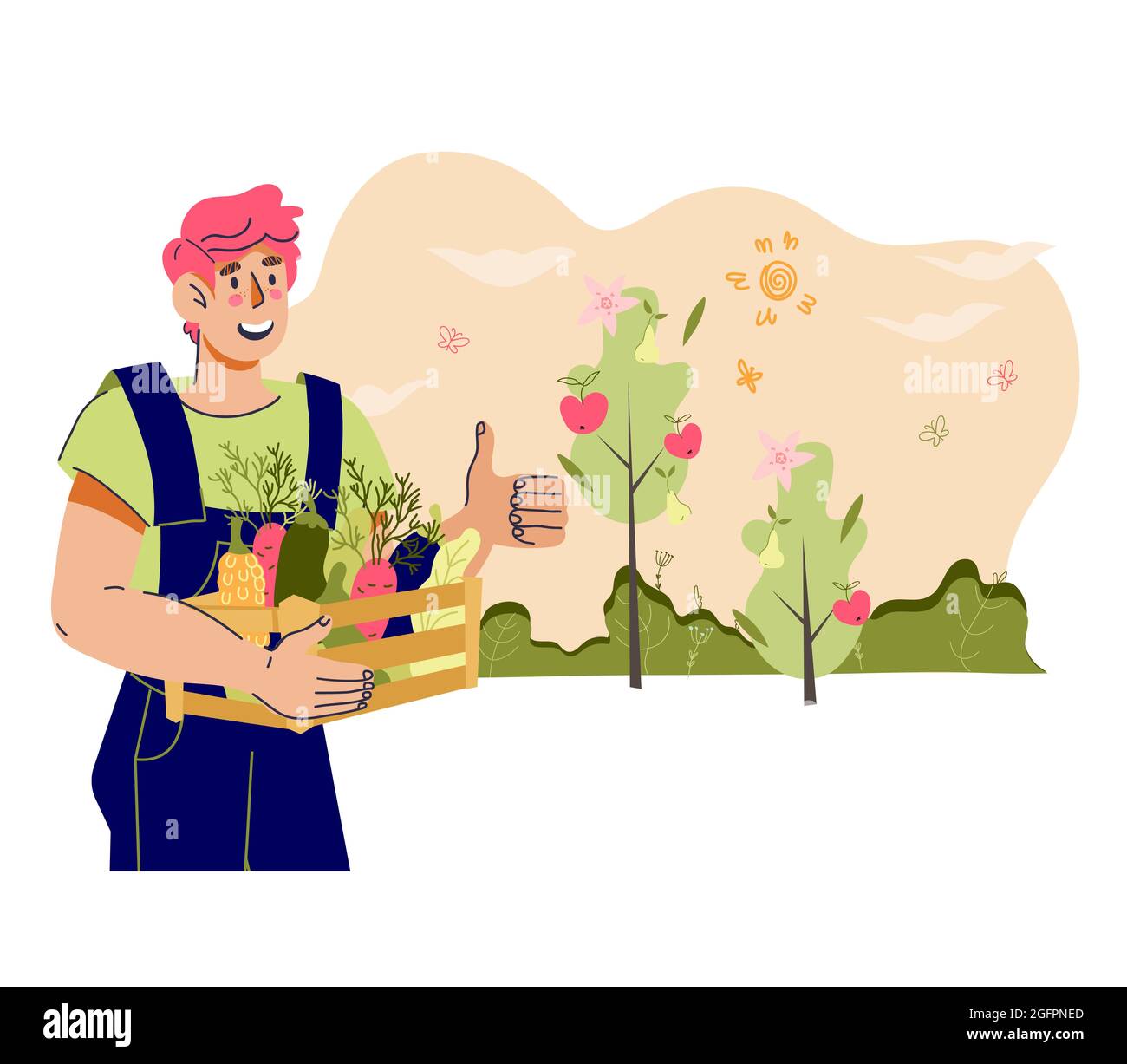 Farmer holding box with fresh vegetables at farm fields backdrop. Local ...