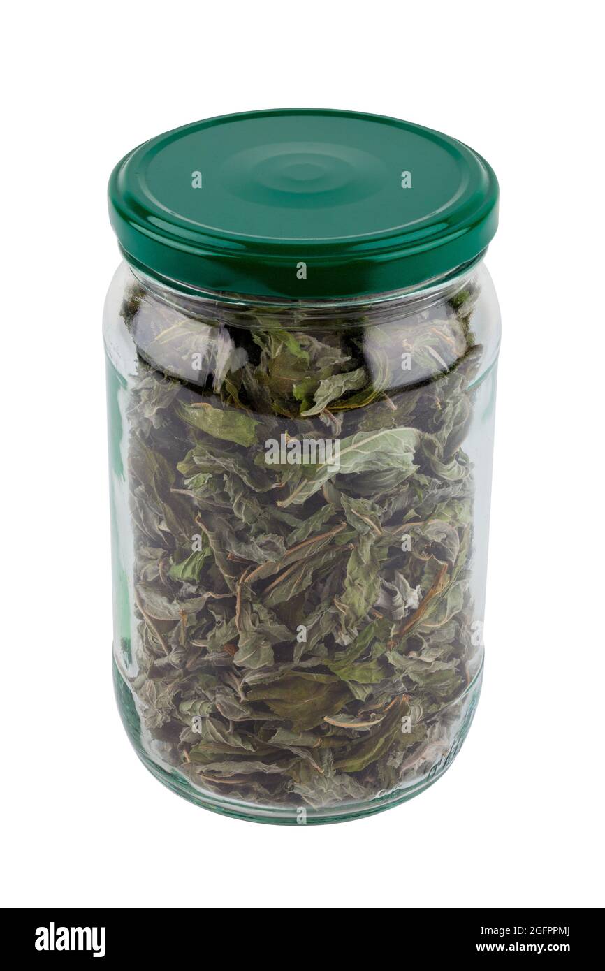 glass jar with green cap full of dryed natural mint leaves isolated on ...