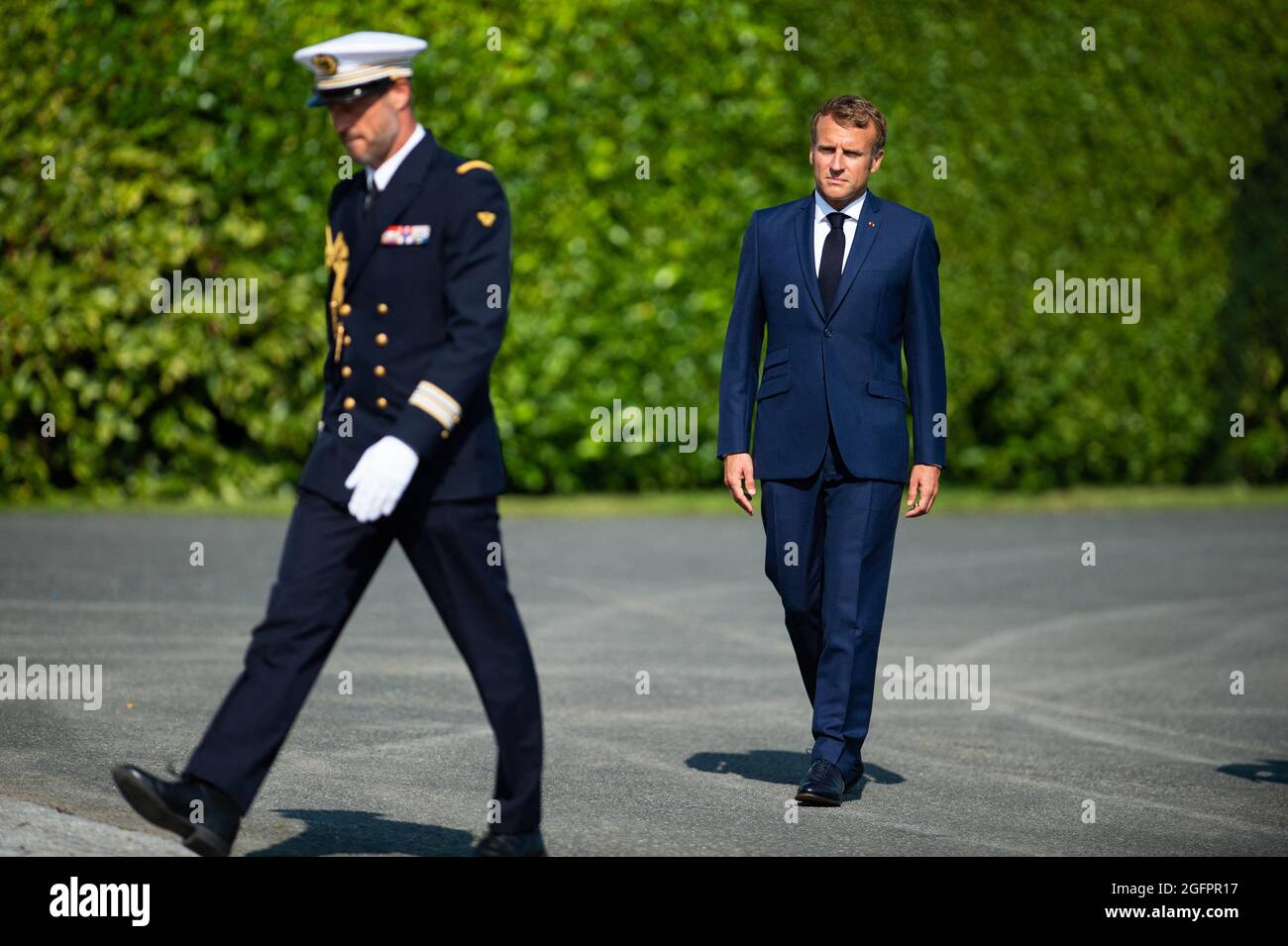 French President Emmanuel Macron review the Irish troops at Aras an ...