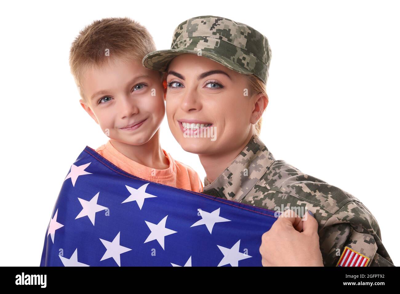 Woman soldier and little kid with American national flag on white ...