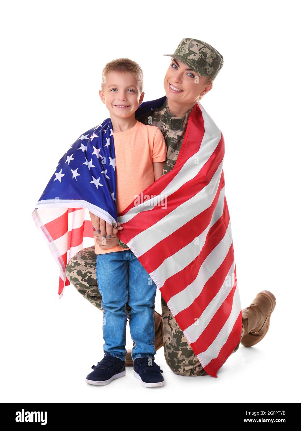 Woman soldier and little kid with American national flag on white ...