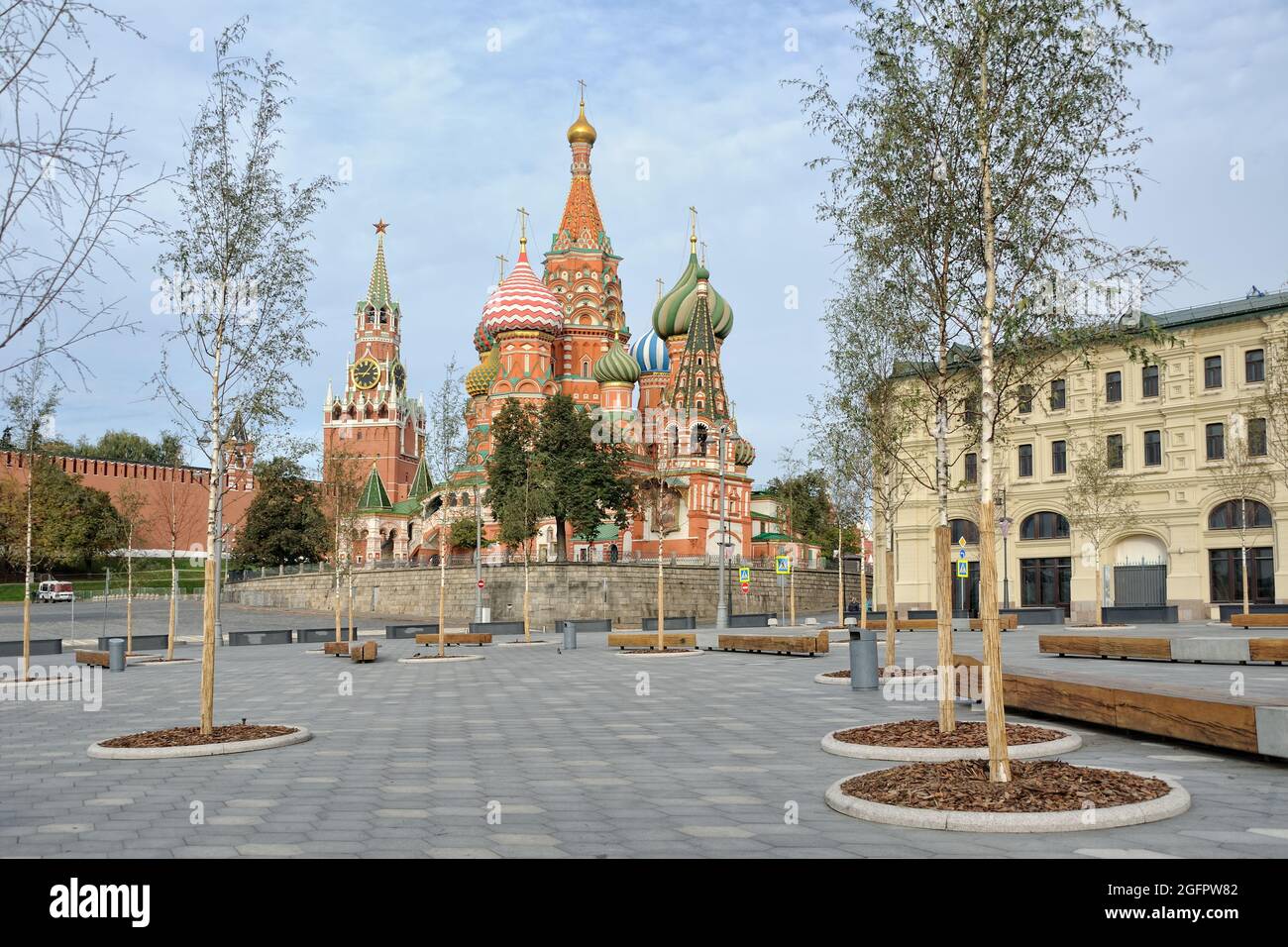 = Moscow Landmarks Framed by Birch Trees = View from Zaryadye park on ...