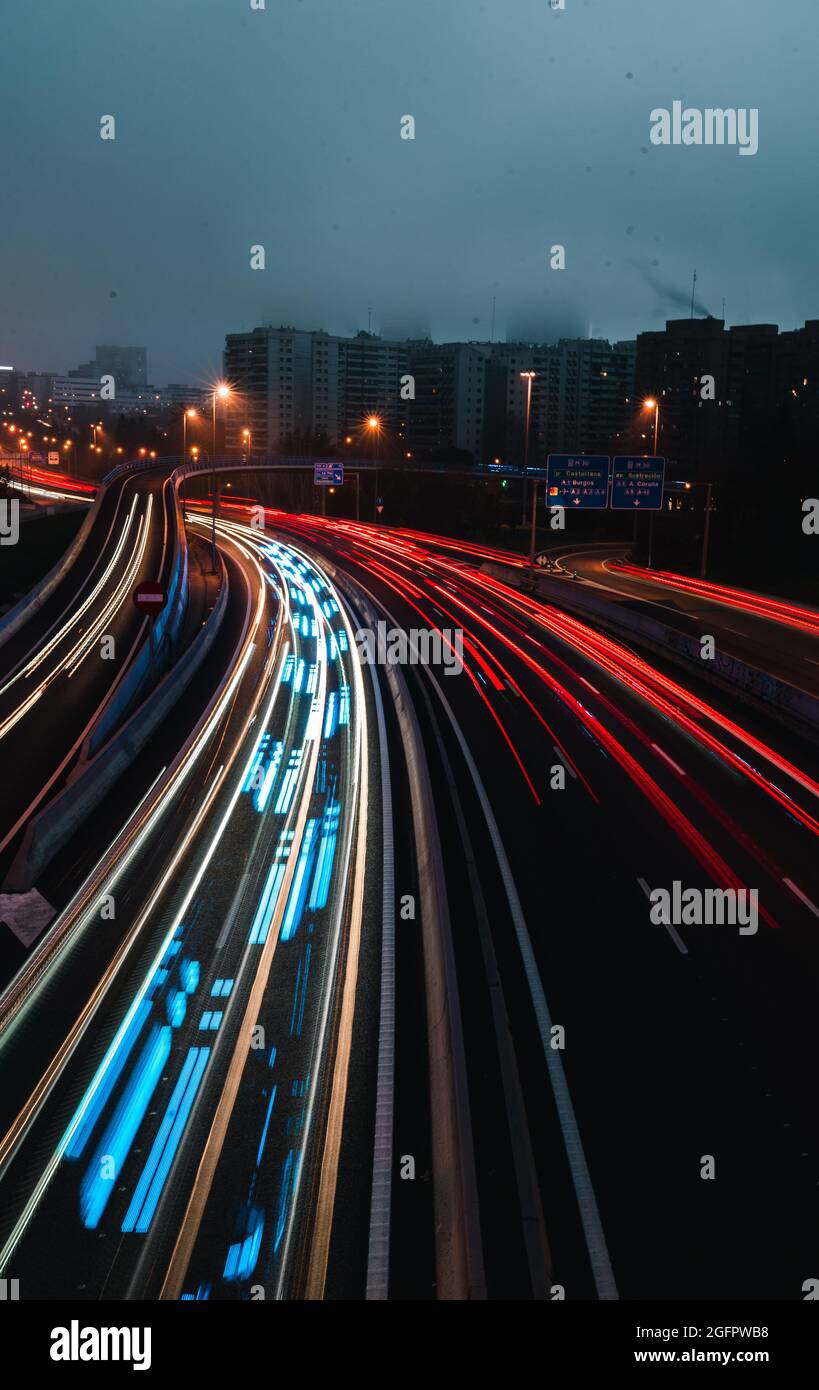 Beautiful view of the lights on the road and the buildings at night ...