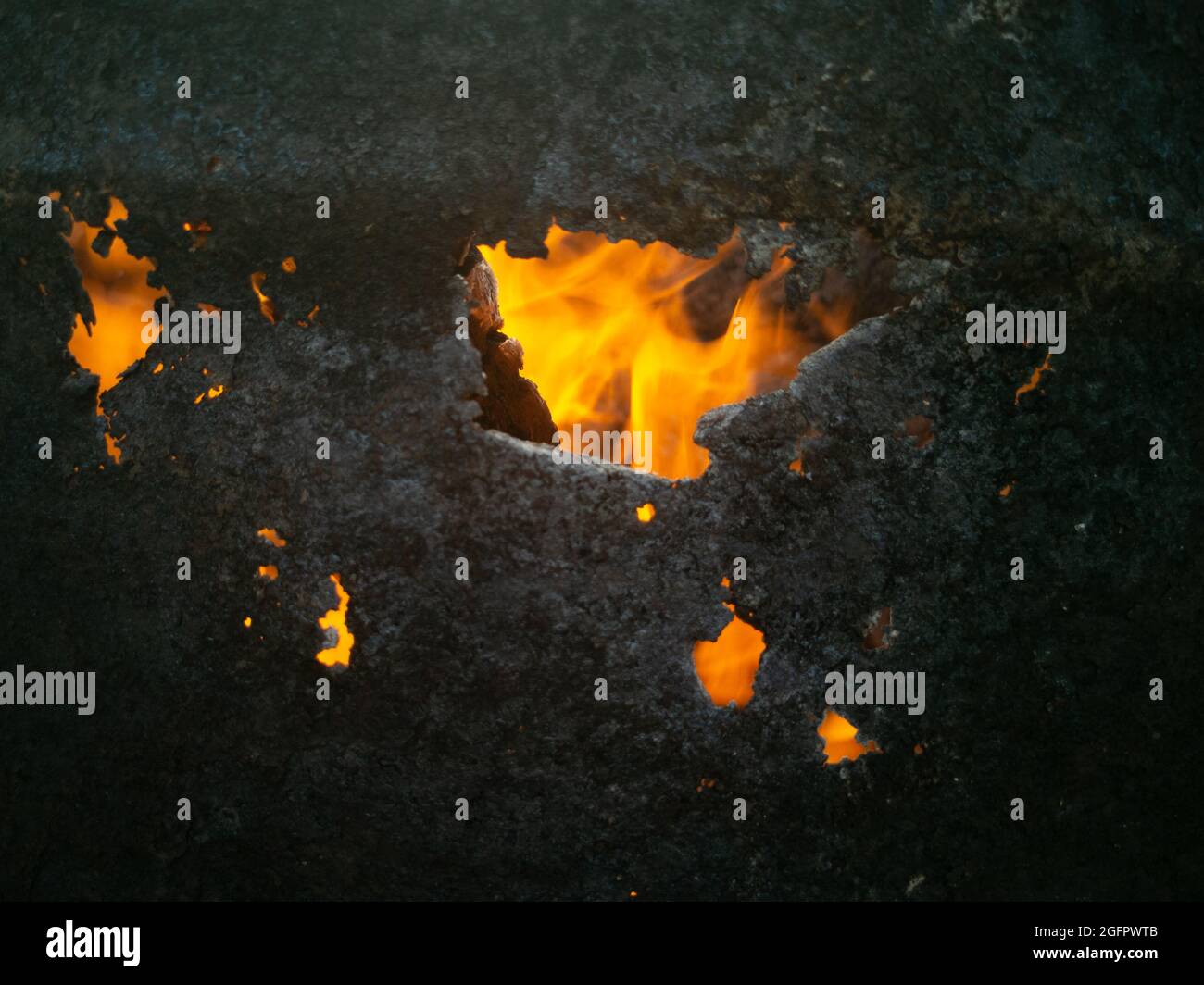 building on fire close up. fiery fires. bright fire through a burnt ...