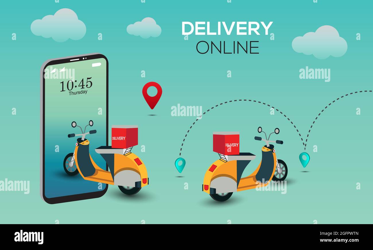Online delivery service by scooter on mobile phone. E-commerce success ...