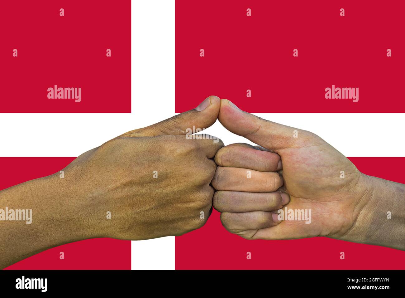 Flag of Denmark, intergration of a multicultural group of young people ...