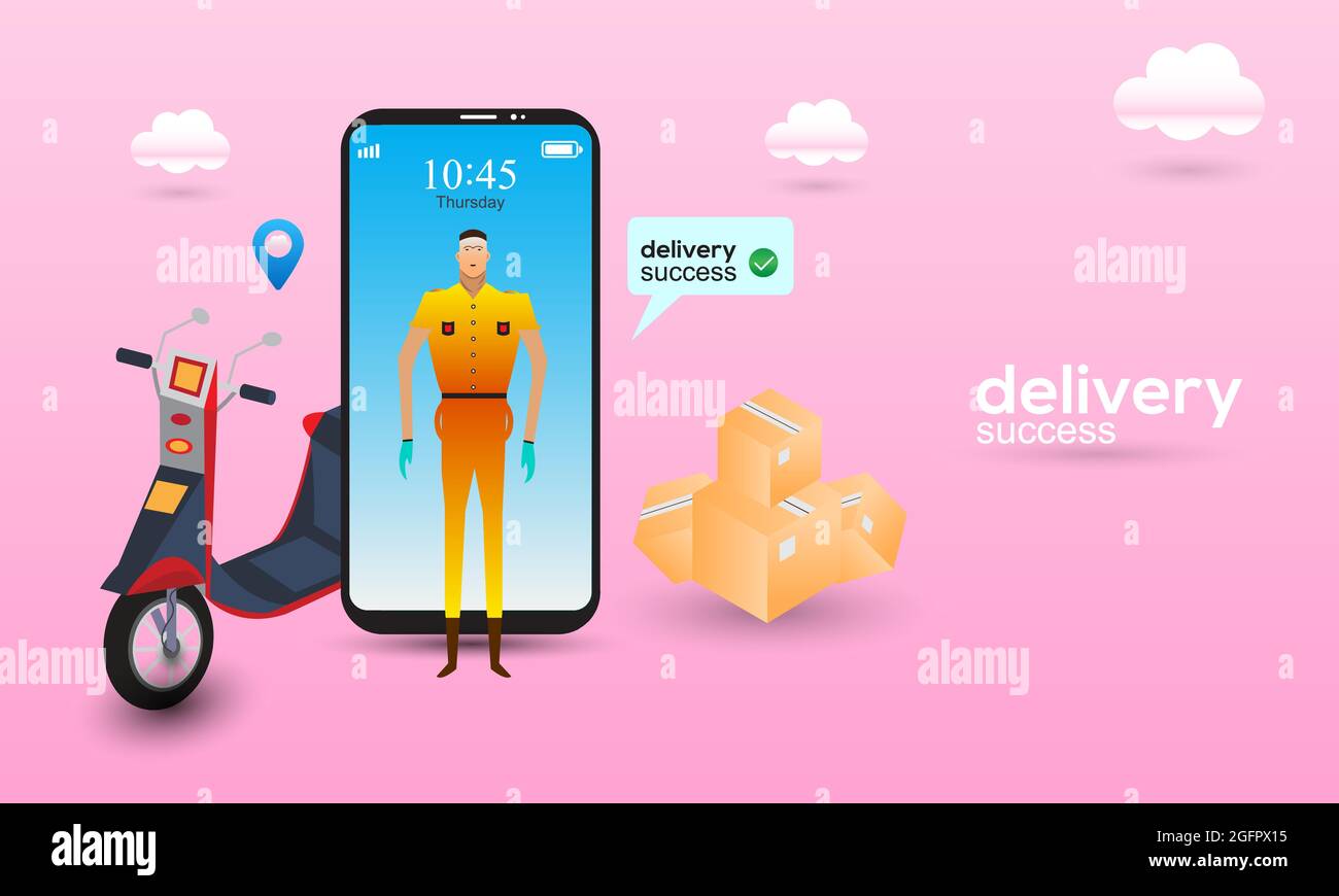 Fast online delivery package by scooter on smartphone. Delivery boy ...