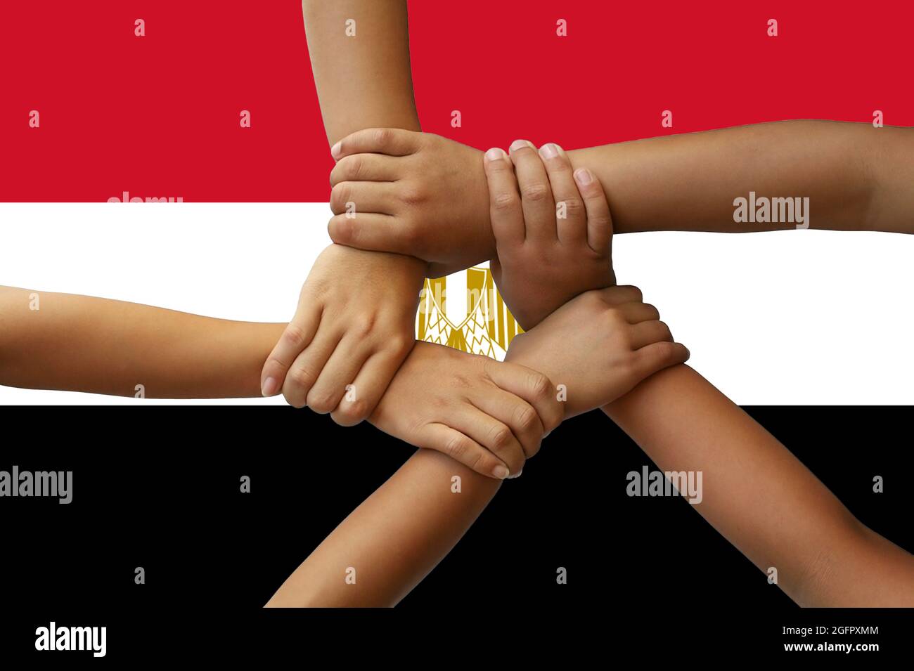 Flag of Egypt, intergration of a multicultural group of young people ...