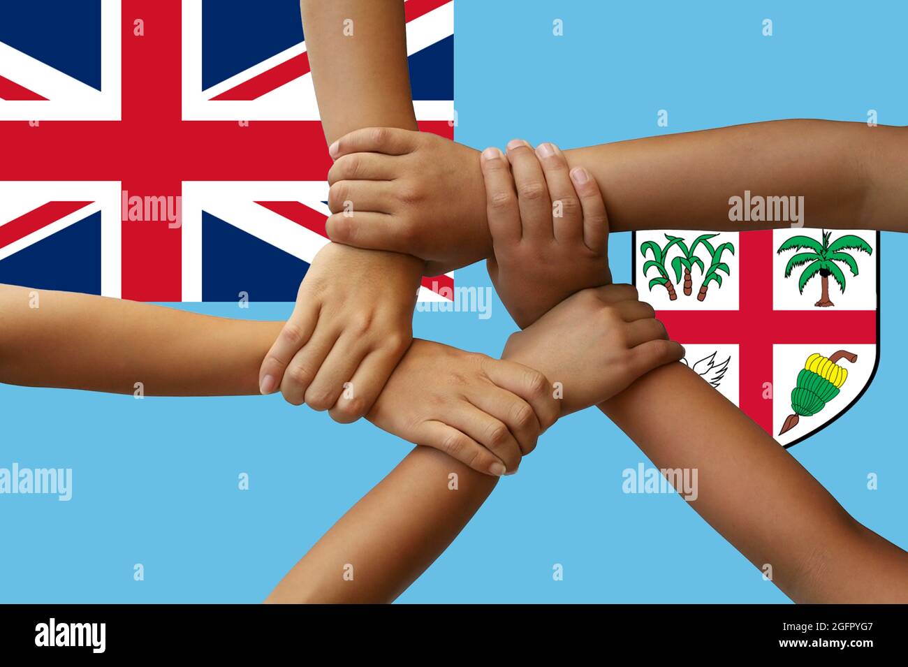 Flag of Fiji, intergration of a multicultural group of young people ...