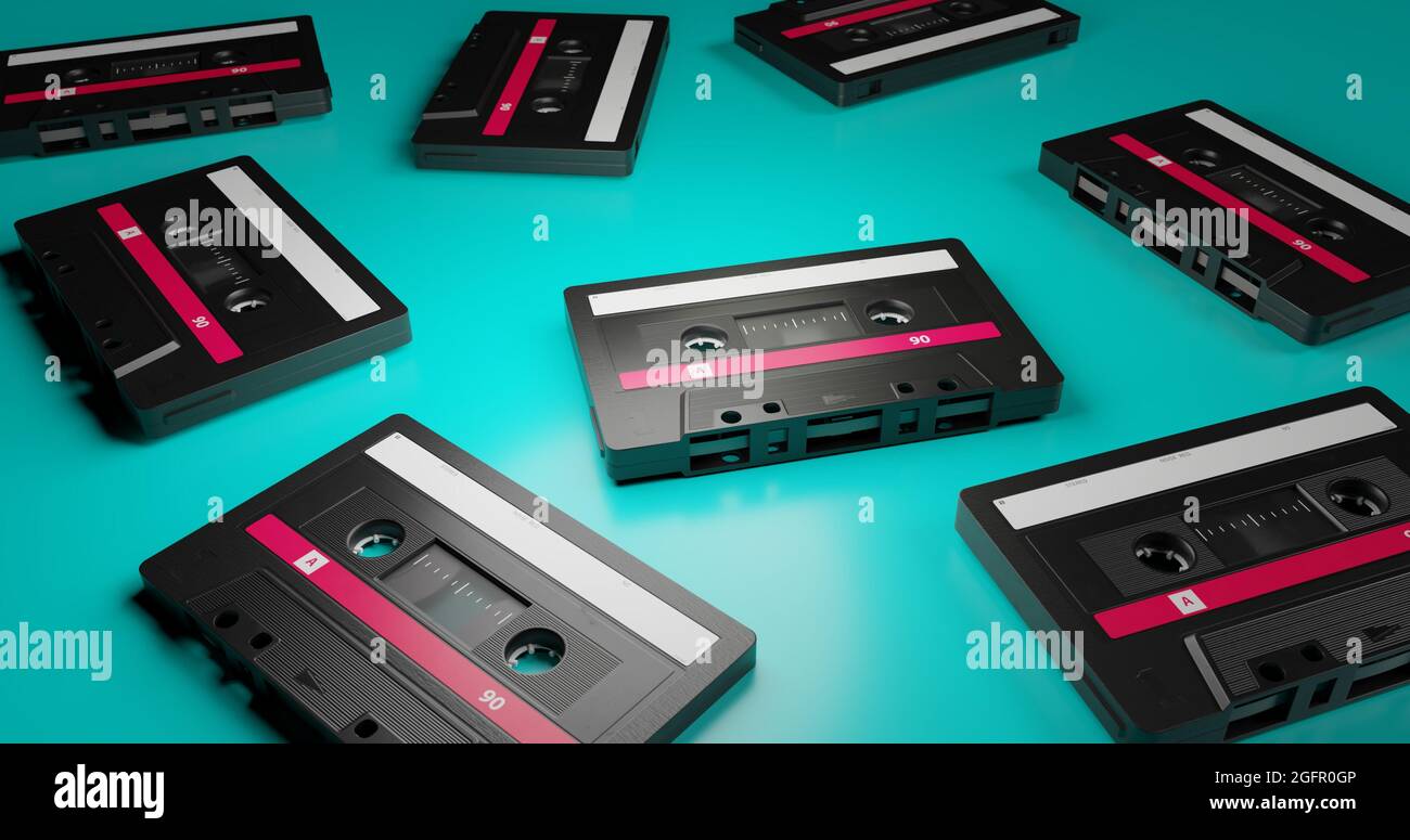 isolated background image of group of old classic cassette tape with ...