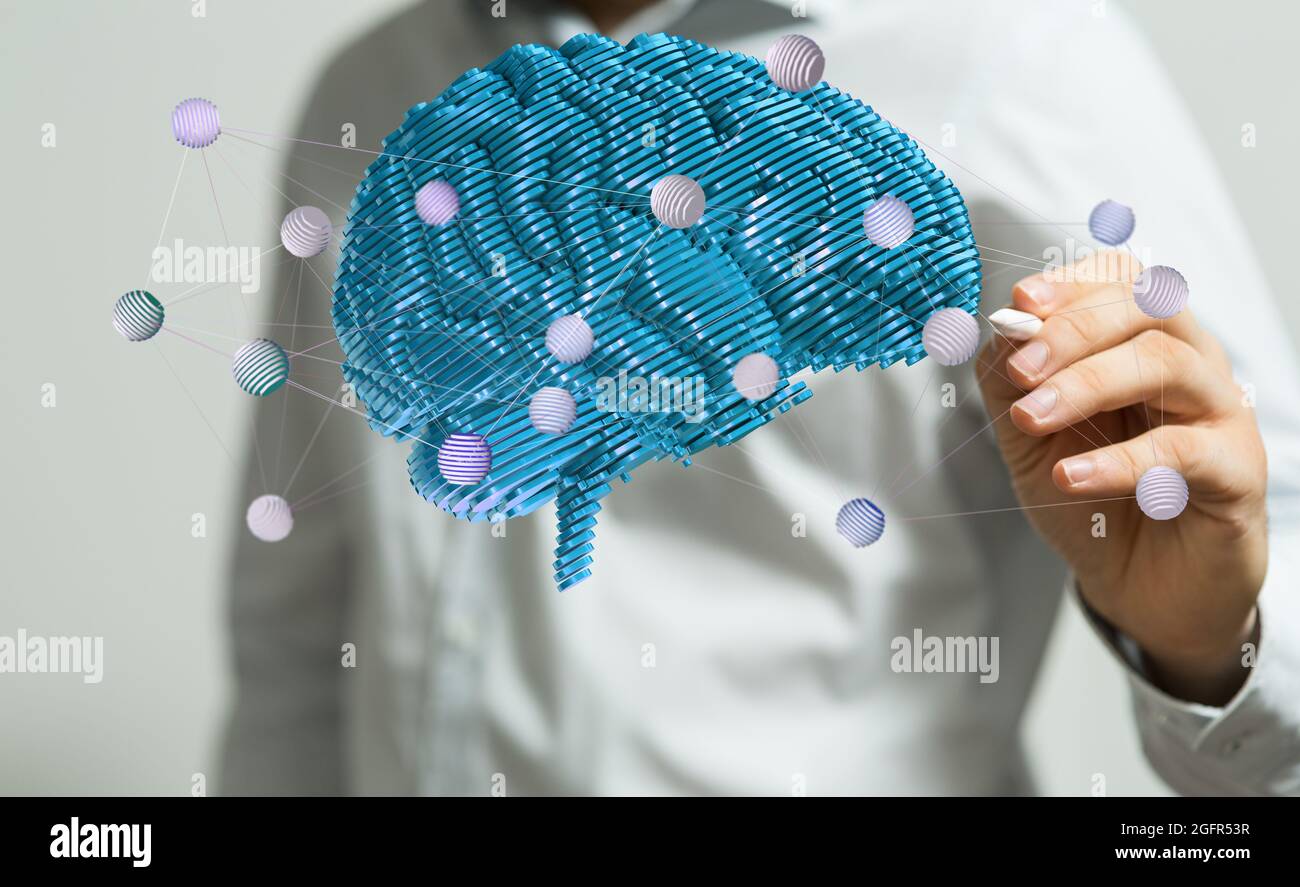 Person presenting the virtual projection of the human brain Stock Photo ...