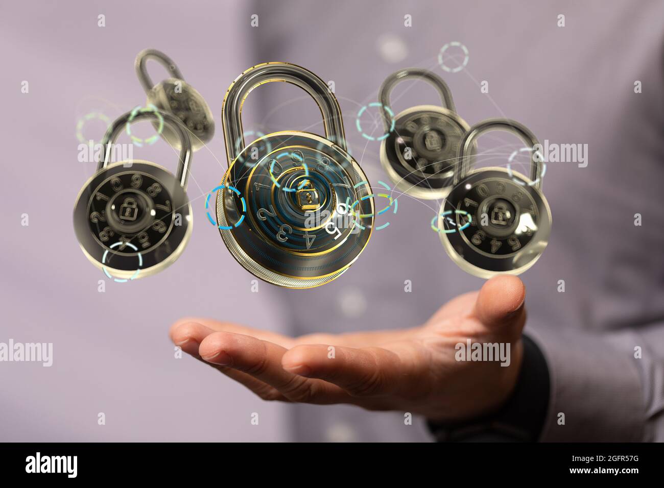 Person presenting the virtual projection of cybersecurity Stock Photo ...